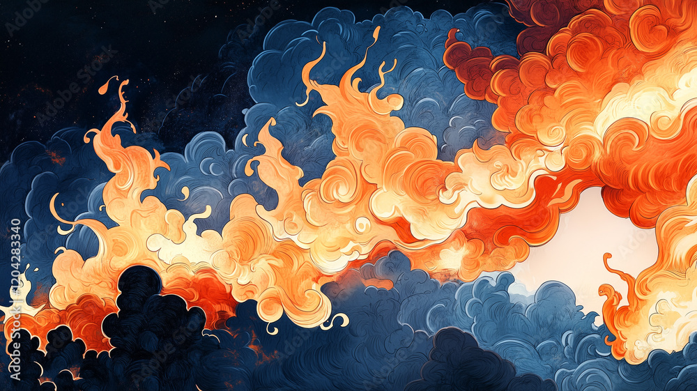 Blazing fire flames forming intricate patterns, surrounded by billowing ...