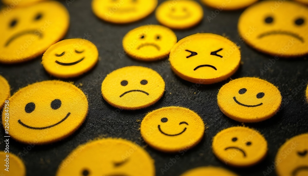 Yellow emoji faces with felt texture on a dark background, showing ...