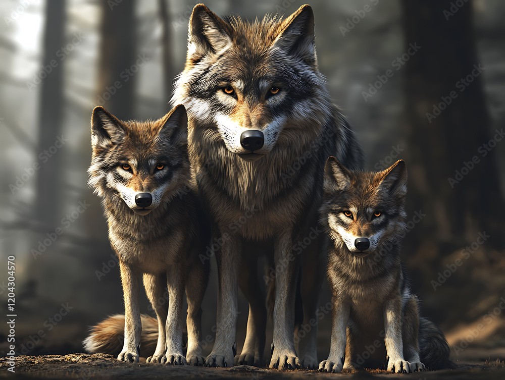 Majestic wolves standing together in forest, showcasing their strength ...