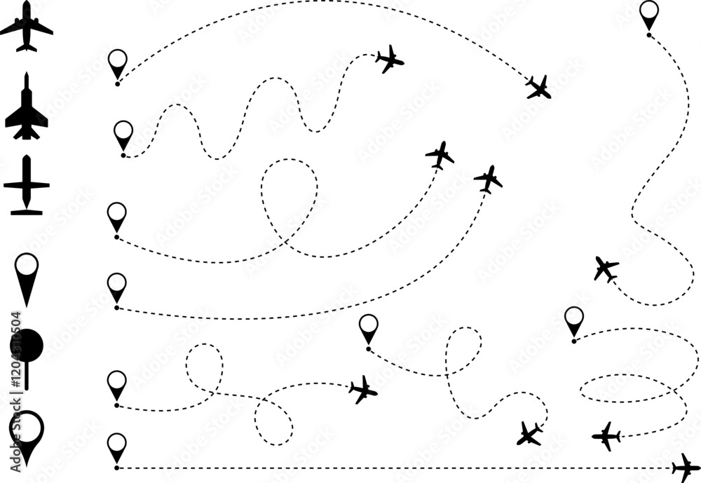 Timeline. Plane route dashed line with red map pins, airplane journey ...