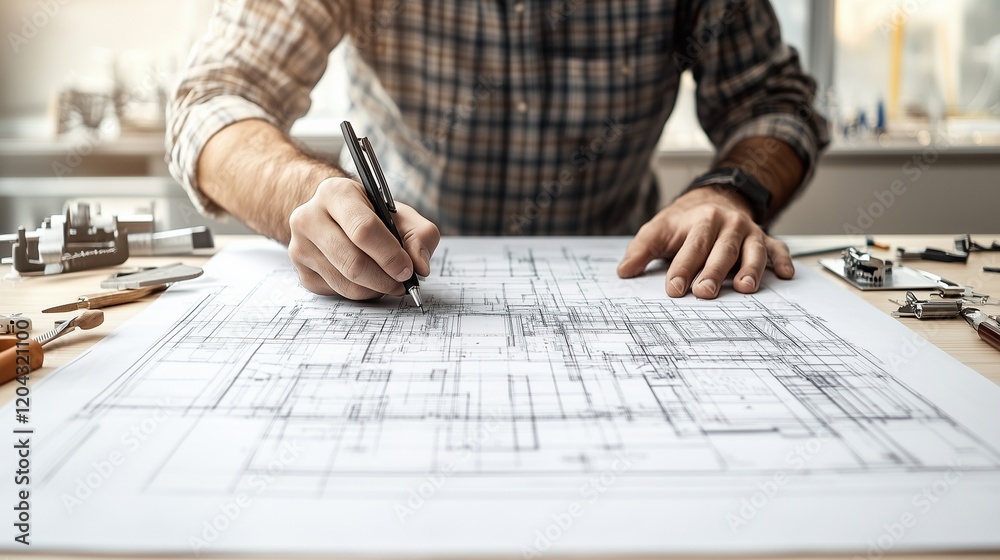 Skilled architect reviewing blueprints at a drafting table, surrounded by architectural tools ...
