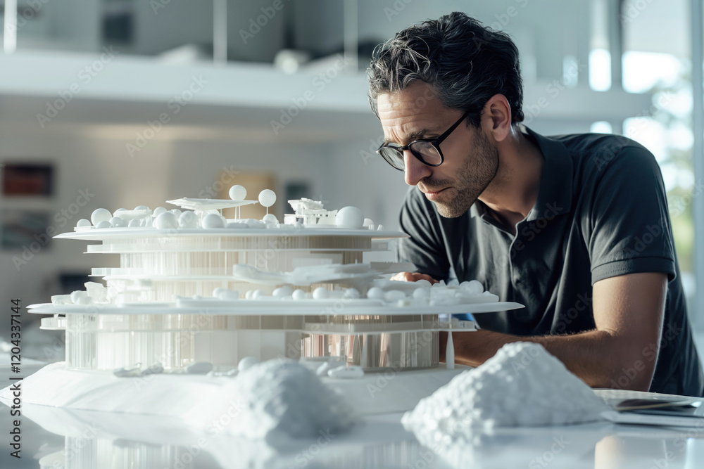 Architect Examining 3D Printed Scale Model of Futuristic Modern House ...