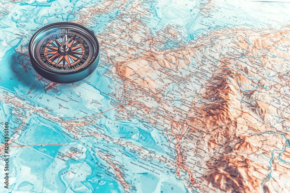 Detailed Compass on Vibrant World Map Marking Locations and Routes for ...
