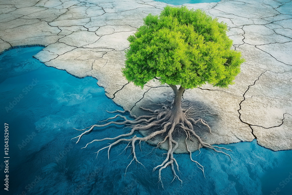 Resilient tree thrives on dry land coastal region nature scene aerial ...