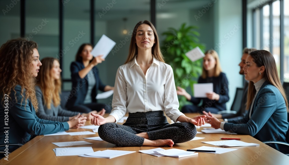 Businesswoman meditates in lotus position on table during stressful ...