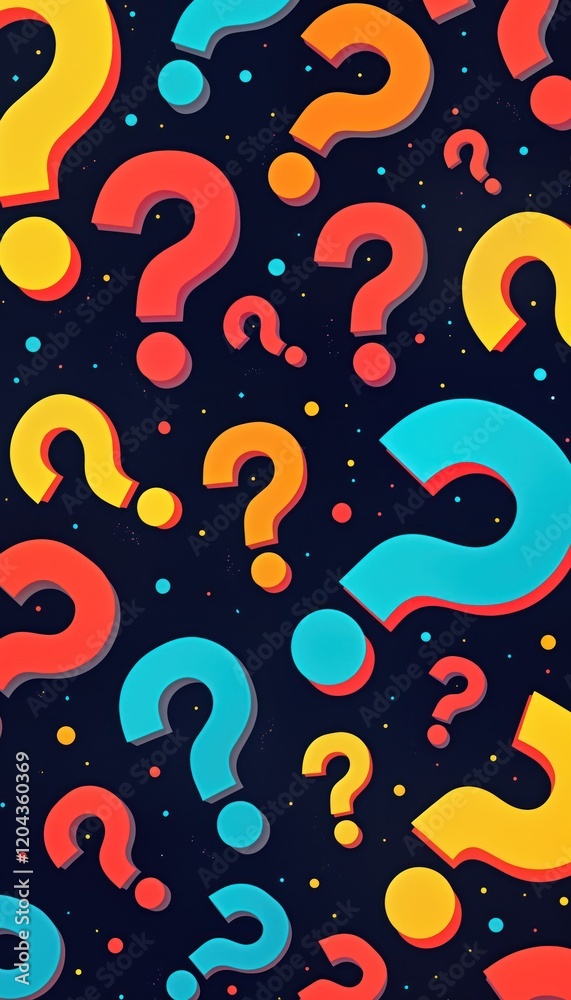 Colorful question marks fill dark background in vibrant pattern ...