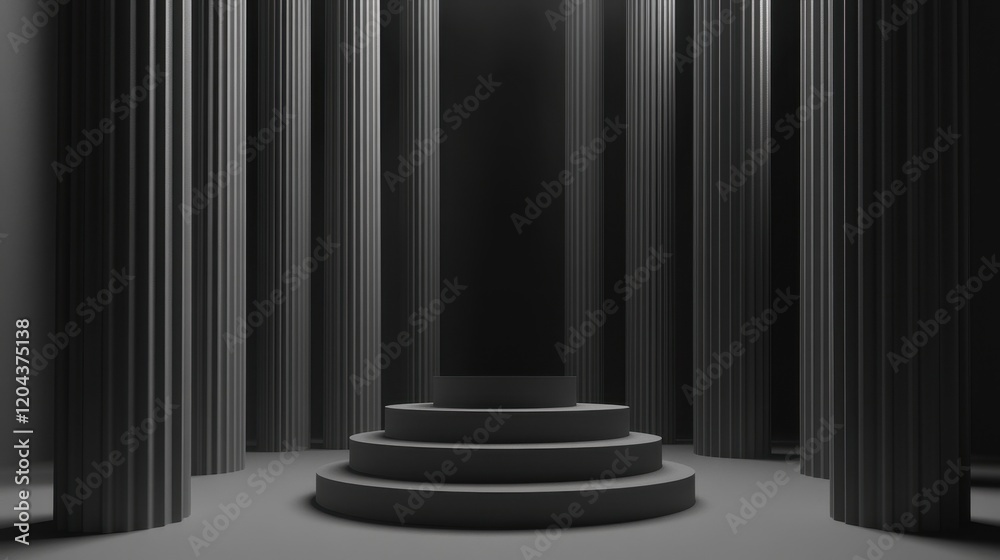 Monochromatic Minimalist Temple: A 3D Render of Dark Gray Pillars and a ...