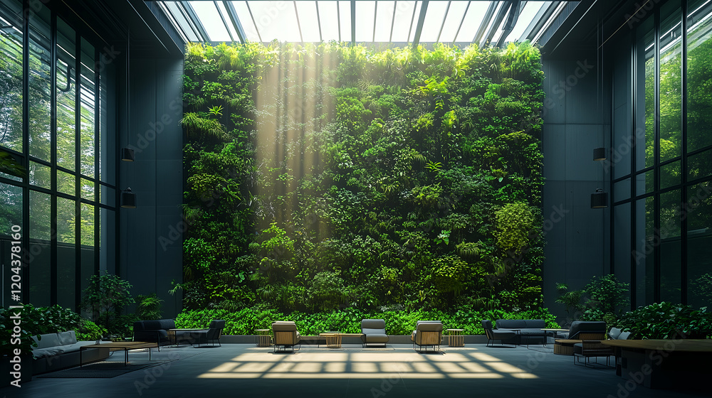 Lush green vertical garden wall illuminated by sunlight in a modern glass atrium with sleek ...
