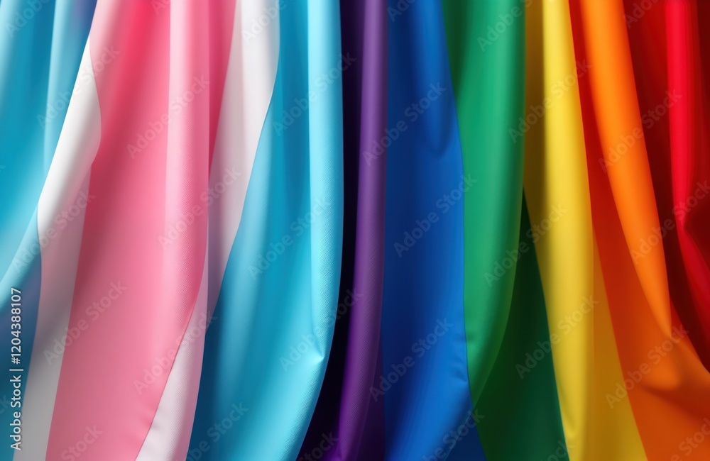 Colorful LGBTQ pride flags displayed. Fabric rainbow flags, transgender ...