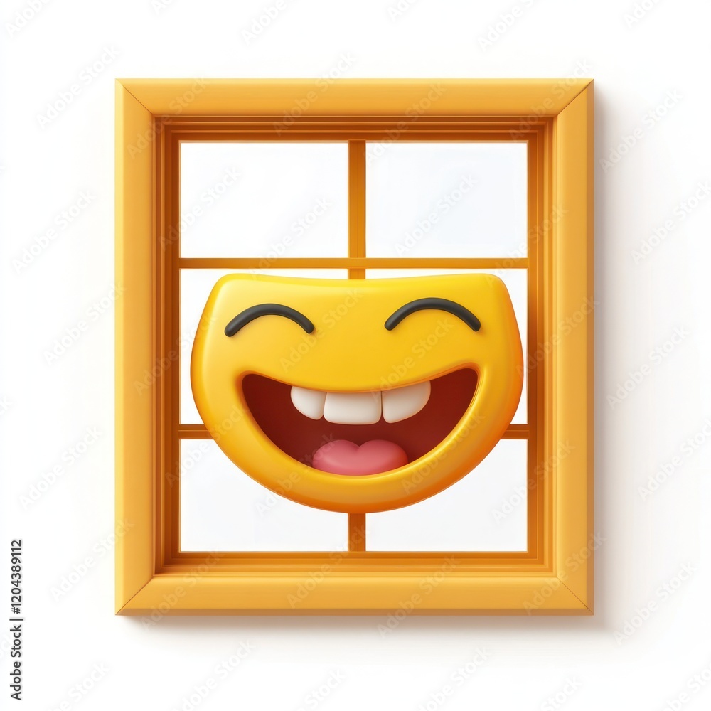 Smiling Through the Window: A cheerful yellow 3D emoji peeks out from a ...