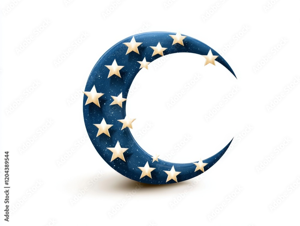 Starry crescent moon in deep blue tones with golden stars in a 3D ...