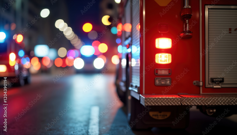 Emergency vehicles arrive at accident scene at night in city. Fire ...