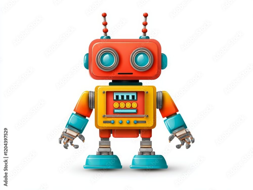 Brightly colored retro style robot with mechanical arms, vibrant ...
