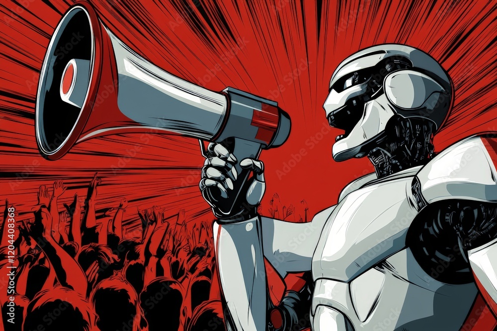 Metallic humanoid robot with a megaphone addressing a massive crowd on ...