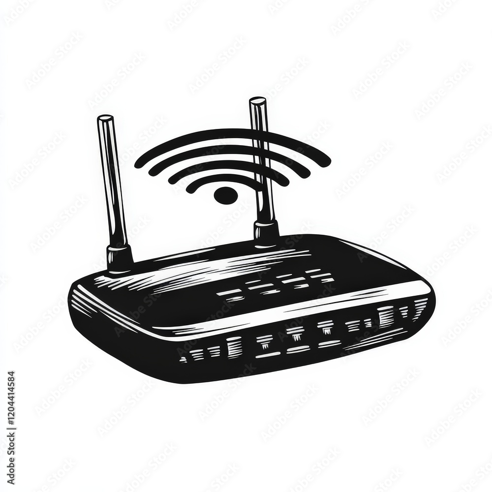 Black and white sketch style Wi Fi router with curved antennas and ...