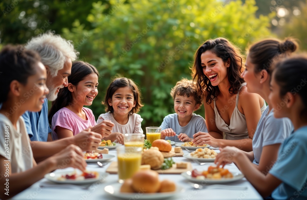 Multigenerational Hispanic family enjoys meal outdoors. Grandparents ...