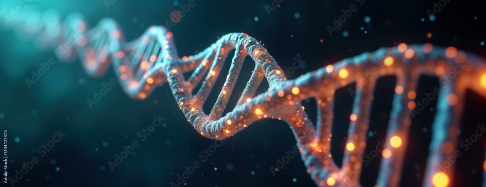 3D render shows glowing DNA double helix in dark blue space. Energy ...