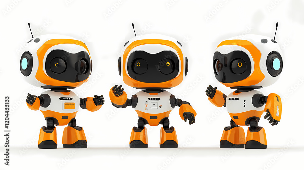 Set of four cute orange and white friendly toy robots with waving arms ...