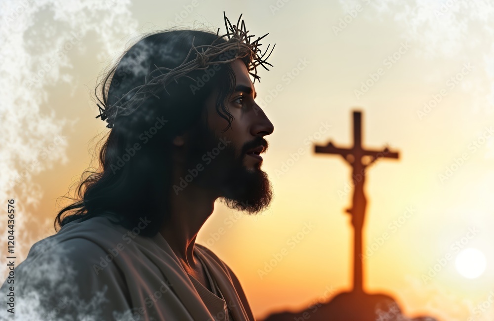 Jesus Christ profile view at sunset. Religious image with double ...
