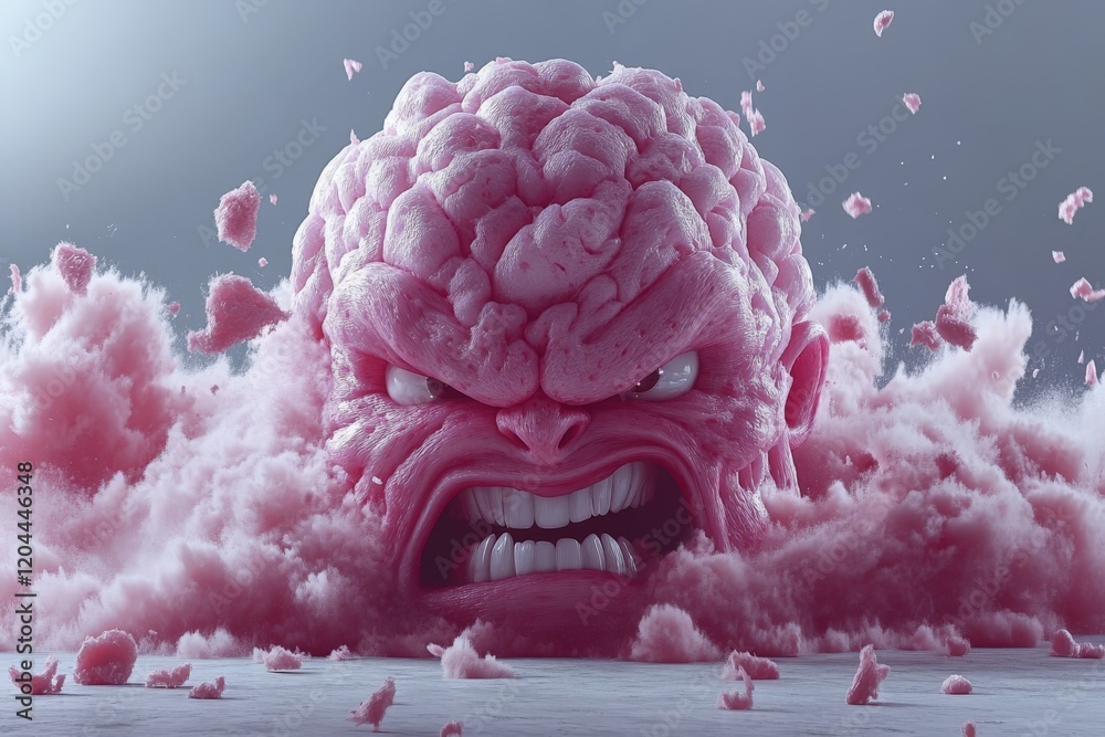 Pink cloud like angry brain surrounded by stormy energy, symbolizing ...