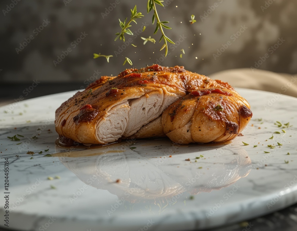 A perfectly roasted chicken breast, glazed with a golden brown ...