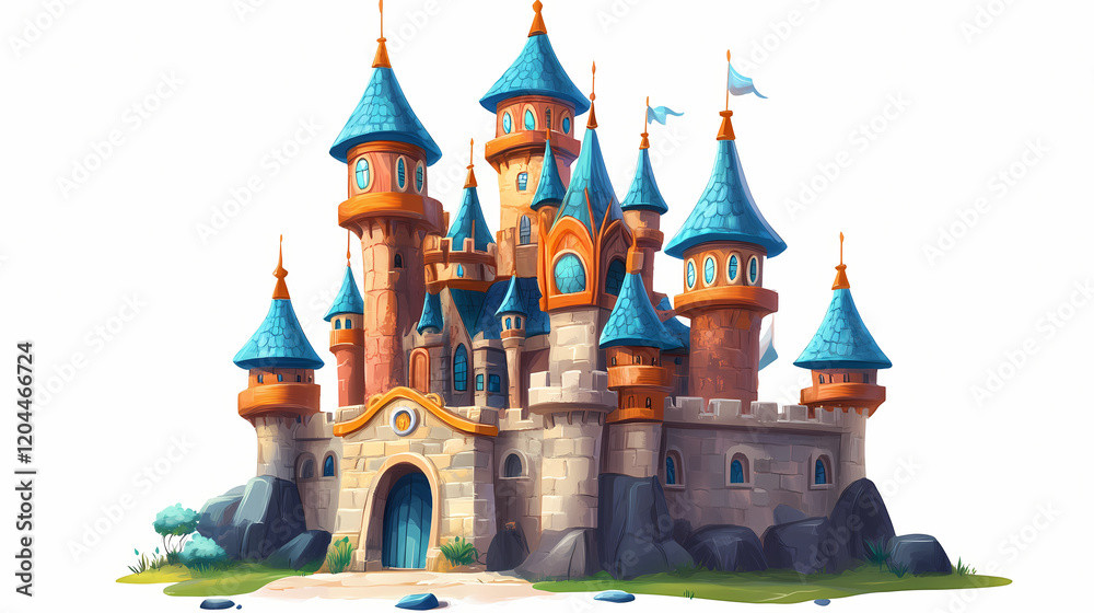 Fantasy castle illustrated hand drawn castle isolated on a white ...