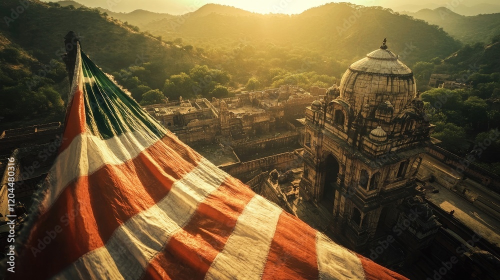 Ilustración de Stock The Tiranga flag draped over a historic monument ...