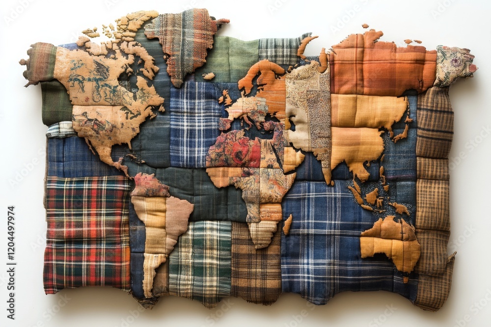 Unique world map textile art showcasing a colorful patchwork of various ...