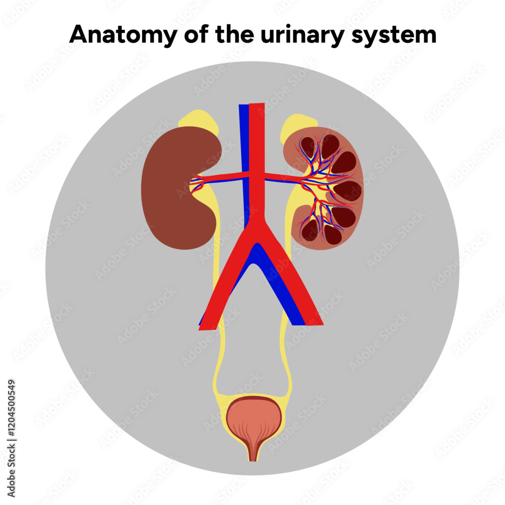 Human anatomy of the urinary system. Medical illustration. Kidney ...