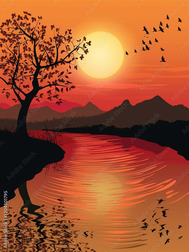 A vibrant sunset scene featuring a silhouette of a tree and flying ...