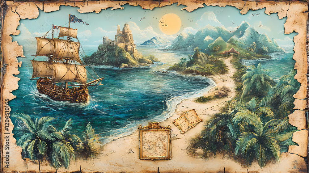 Enchanting adventure children's book cover with tropical island, pirate ...