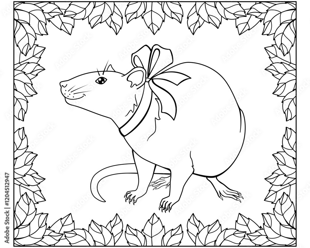 Fancy Rat with a bow around the neck in a frame of leaves - a vector ...