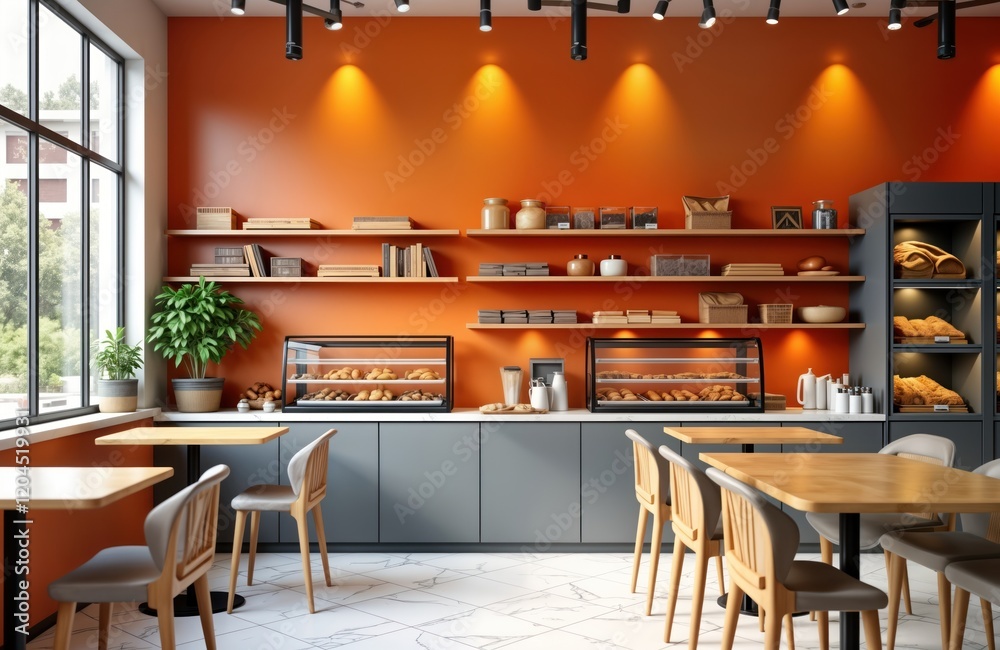 Modern bakery cafe interior design. Display of bakery products on ...