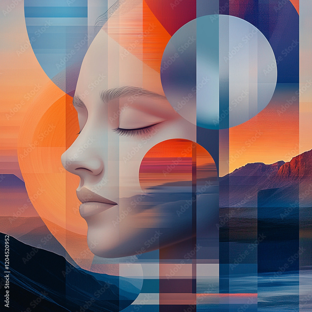 A serene abstract composition featuring a woman's face in profile with ...