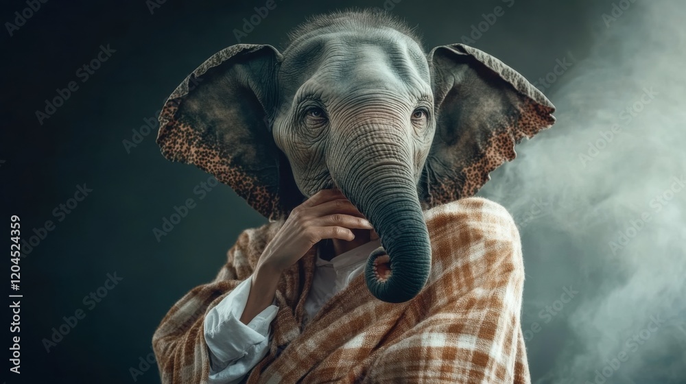 A surreal depiction of a human figure with an elephant head, wrapped in ...