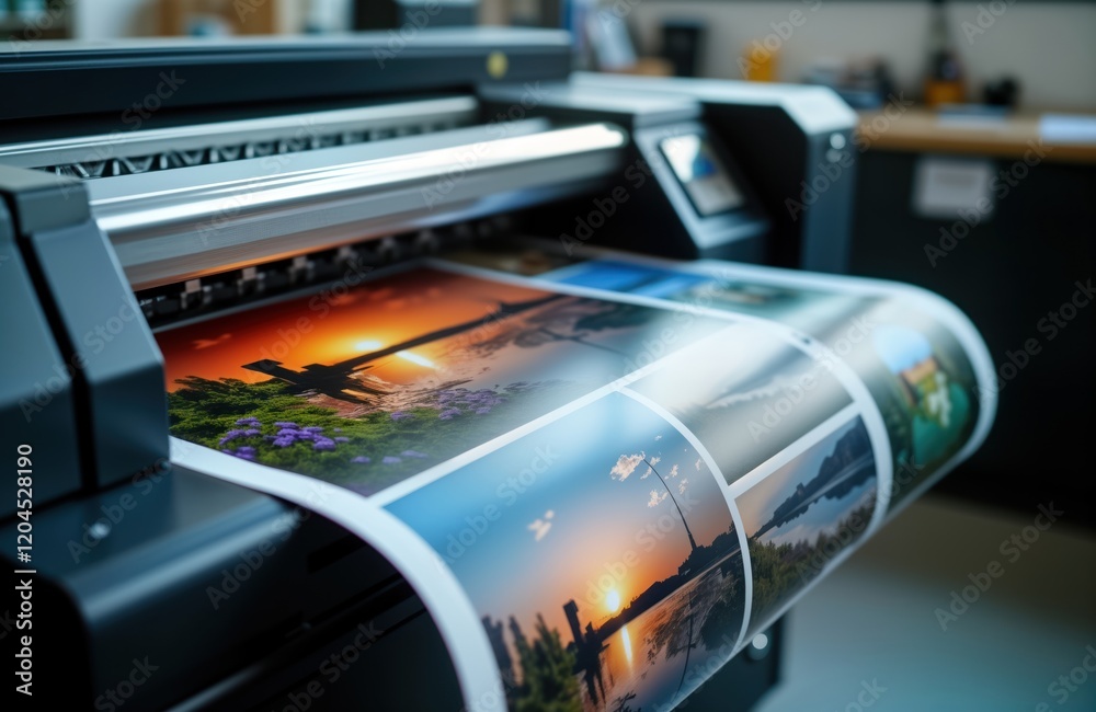 Large format printer printing images. Industrial printing machine works ...