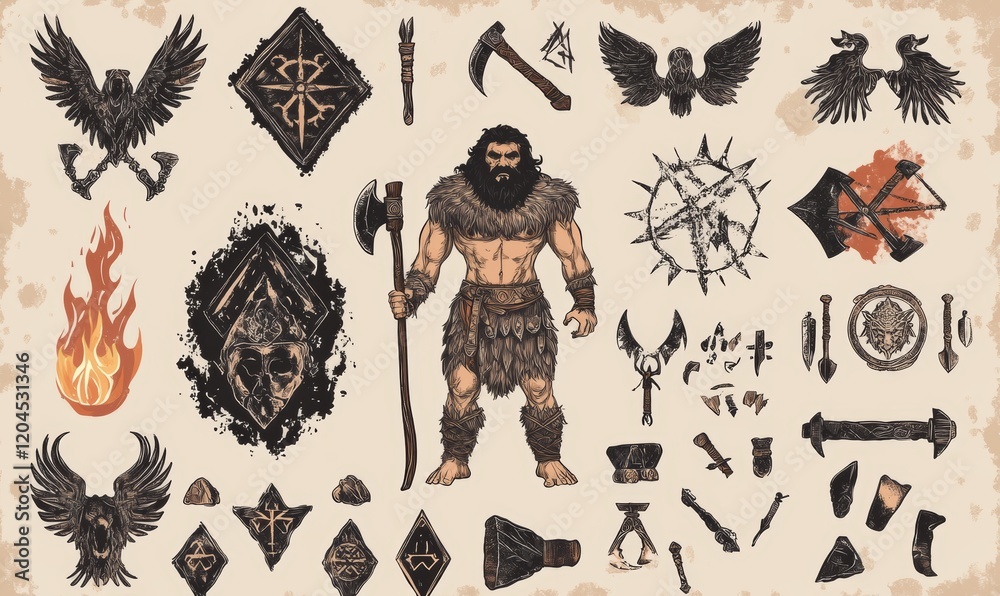 Ilustrace Stone age setting with a cave man Neanderthal hunting a ...