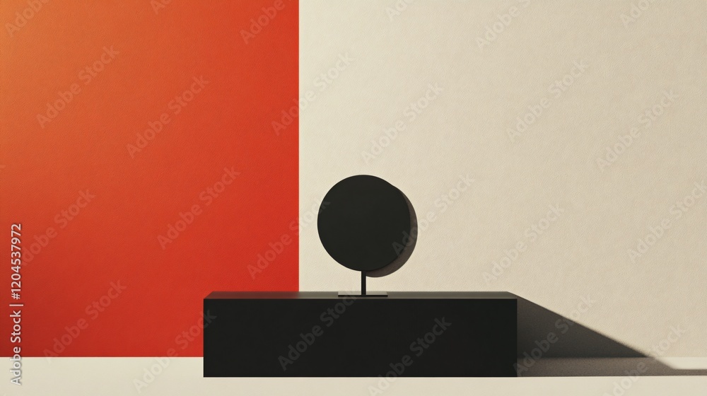 Minimalist still life featuring a black circle and rectangular prism ...