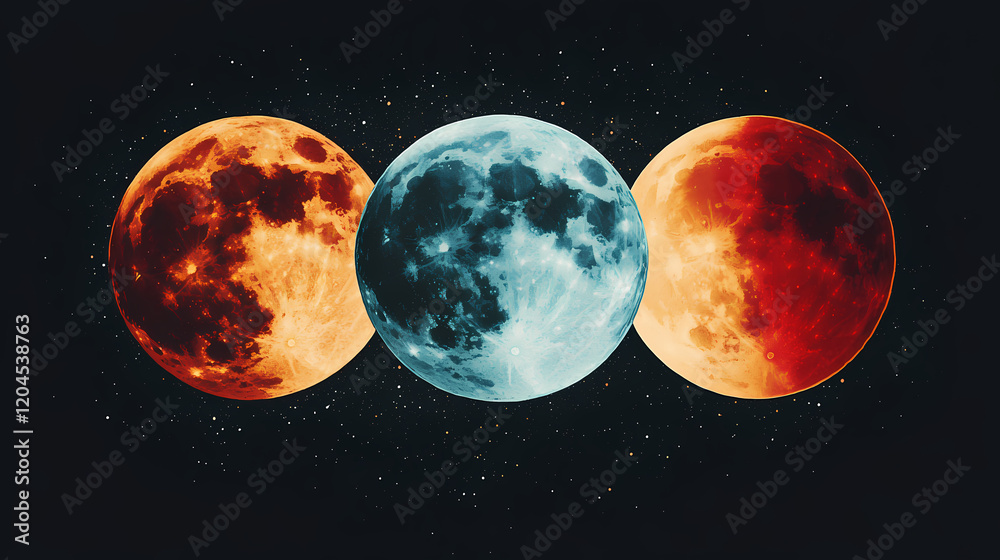 Lunar phases full moon, blue moon, and blood moon trilogy. Lunar ...