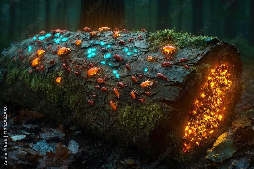 Glowing insects and bioluminescent fungi illuminate a decaying log in a ...