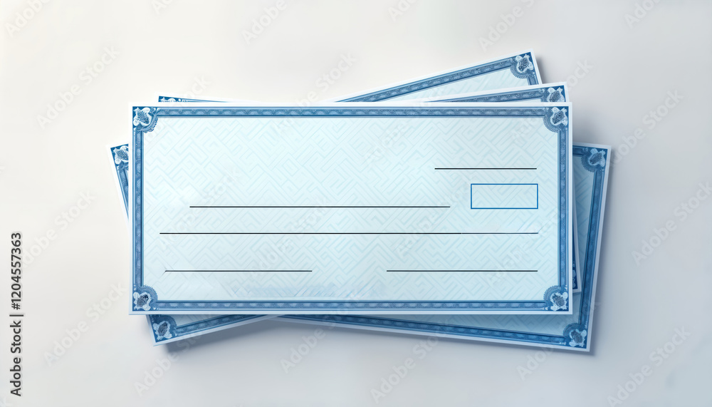 Blank bank checks, checkbook template mockup with blue guilloche ...