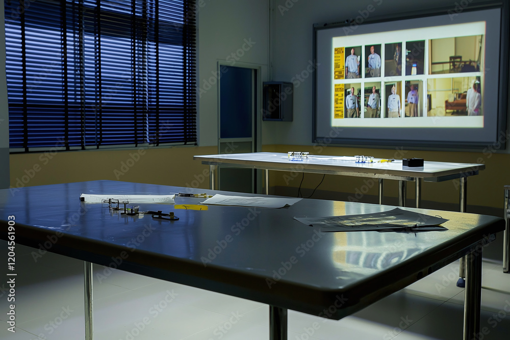 modern police incident room with forensic evidence laid out on steel ...