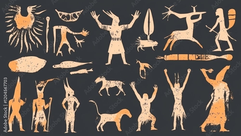Prehistoric rock art, ancient drawings. Contemporary background with ...