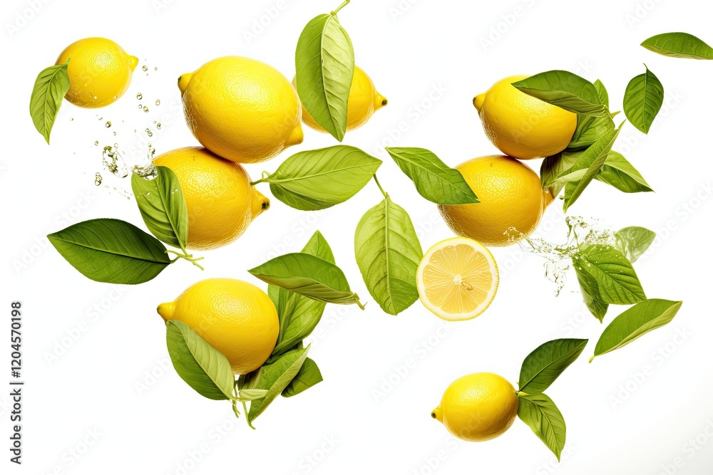 High res image of lemons with leaves floating in white background ...