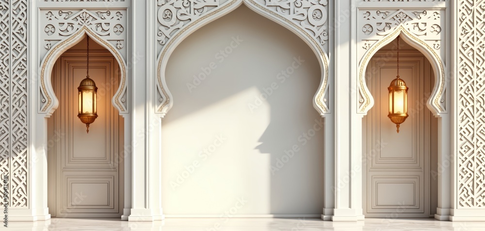 Elegant Islamic style interior design. White walls with gold details ...