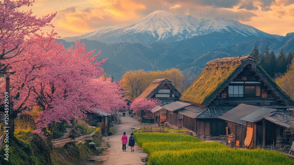 green rice field at old countryside village around Mount Fuji area ...