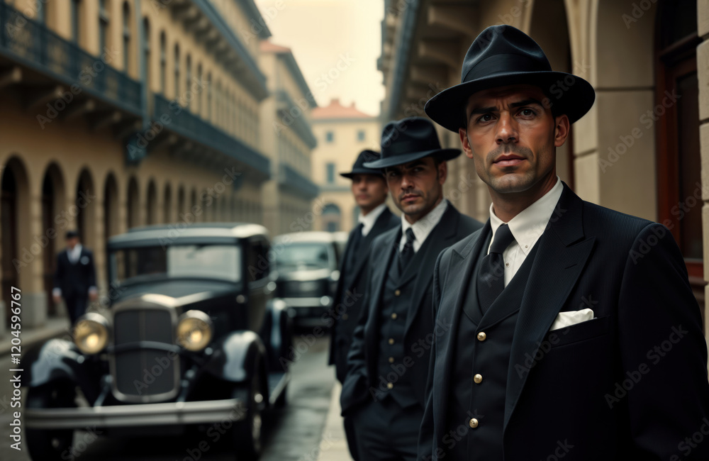 Italian gangsters in 1930s vintage style stand in city street near ...