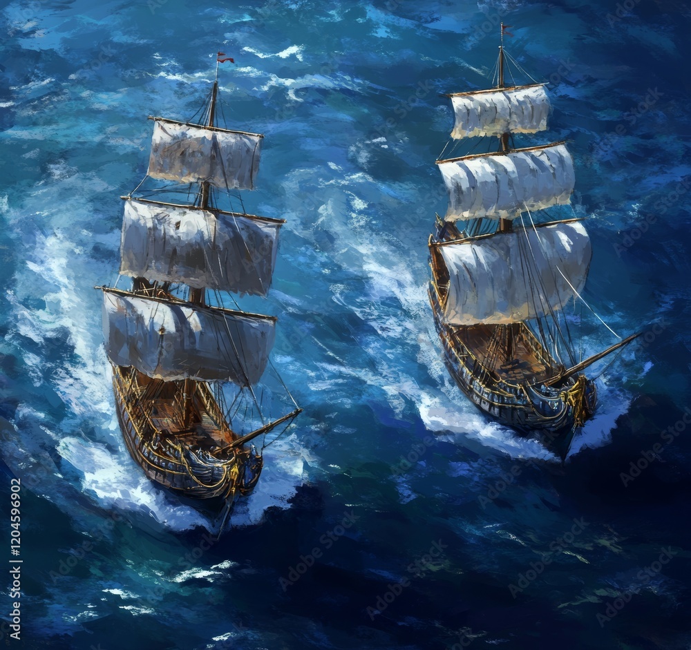 Ilustração In the midst of turbulent seas shrouded by clouds, digital ...