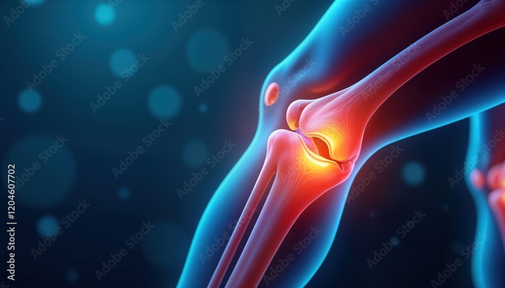 Medical illustration of bent knee joint pain. Visible bones, muscles of ...