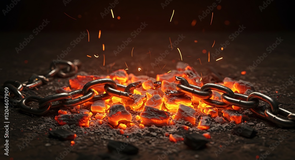 Burning metal chain breaks free. Hot fire, sparks, embers, freedom ...